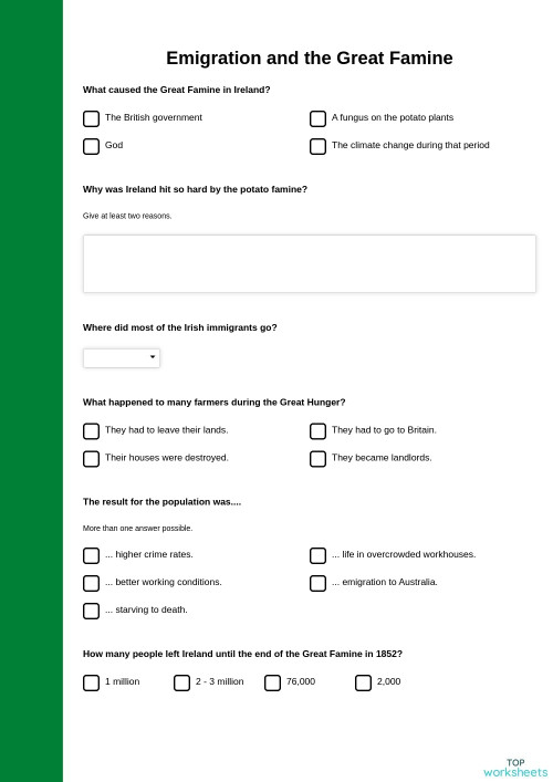 Emigration and the Great Famine. Interactive worksheet | TopWorksheets
