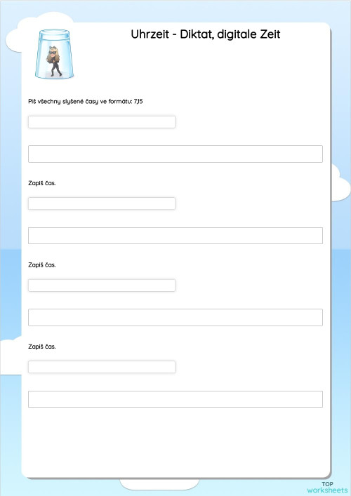 Uhrzeit - Diktat, digitale Zeit. Interaktives Arbeitsblatt | TopWorksheets