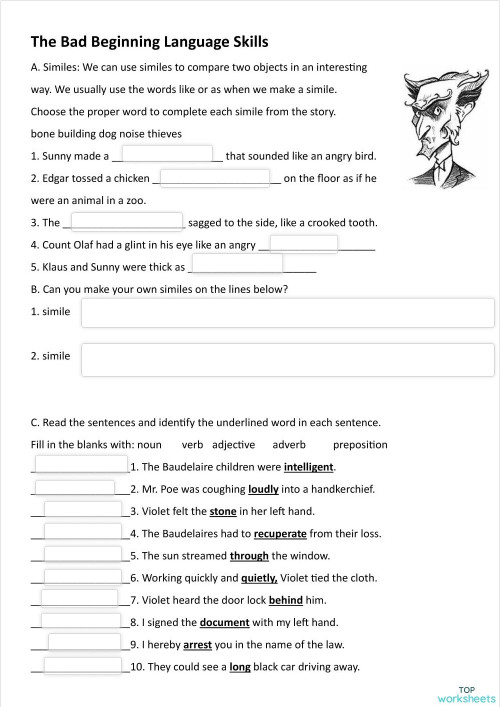 The Bad Beginning: Language Skills. Interactive worksheet | TopWorksheets