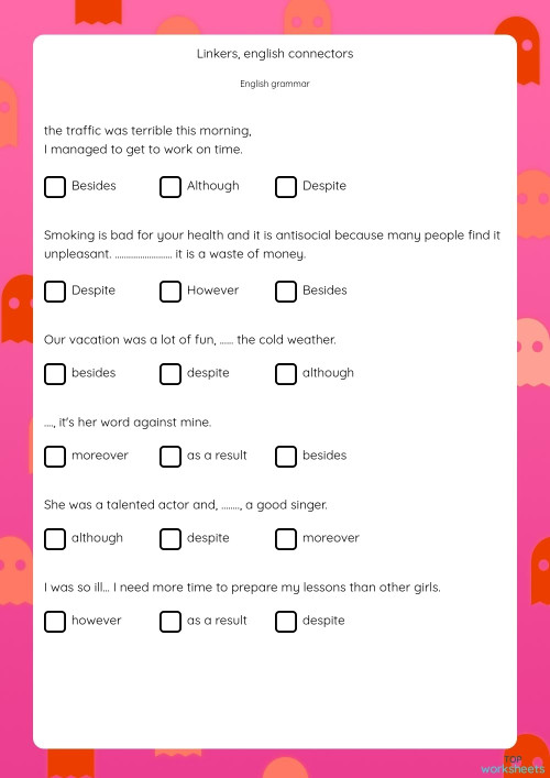 Linkers, english connectors. Interactive worksheet | TopWorksheets Linkers, english connectors. Interactive worksheet | TopWorksheets