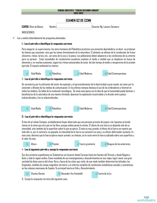 Examen 10mo. Ficha interactiva | TopWorksheets