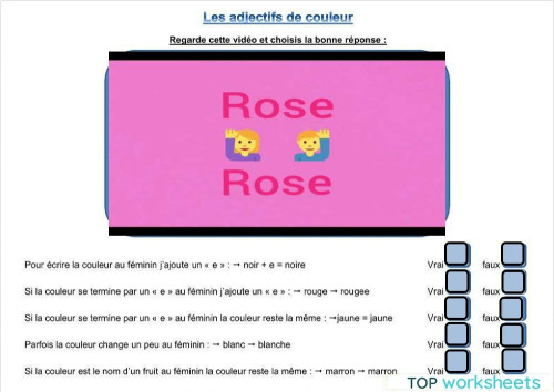 L'accord des adjectifs des couleurs. Fiche interactive | TopWorksheets