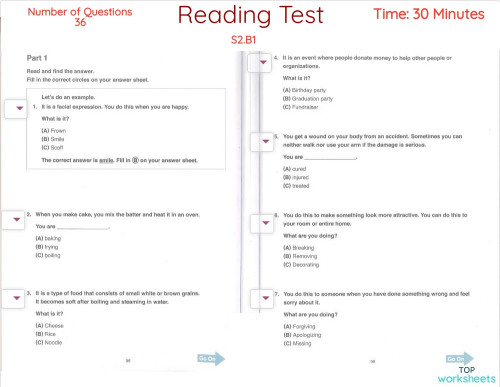 Reading Placement Test - S2B1. Interactive worksheet | TopWorksheets