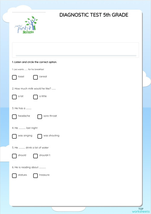 DIAGNOSTIC TEST 5th GRADE. Interactive worksheet | TopWorksheets