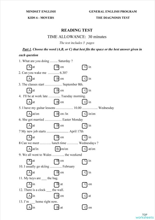 Reading Final Test. Bài tập tương tác | TopWorksheets