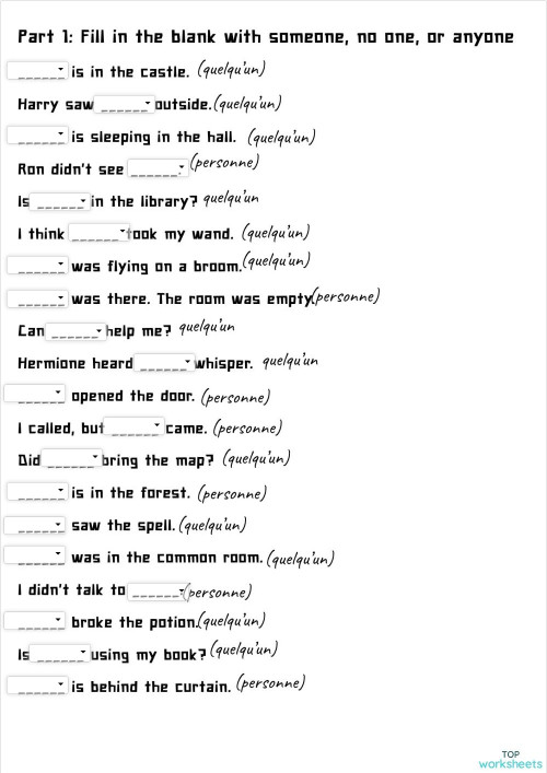 nothing/anything someone/anyone/no one. Interactive worksheet ...