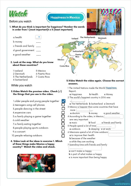 I.10 Watch happiness in Mexico (4th). Interactive worksheet | TopWorksheets