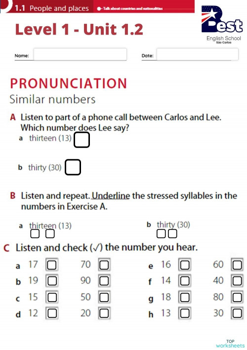 Level 1 - Unit 1.2 - Pronunciation. Interactive worksheet | TopWorksheets