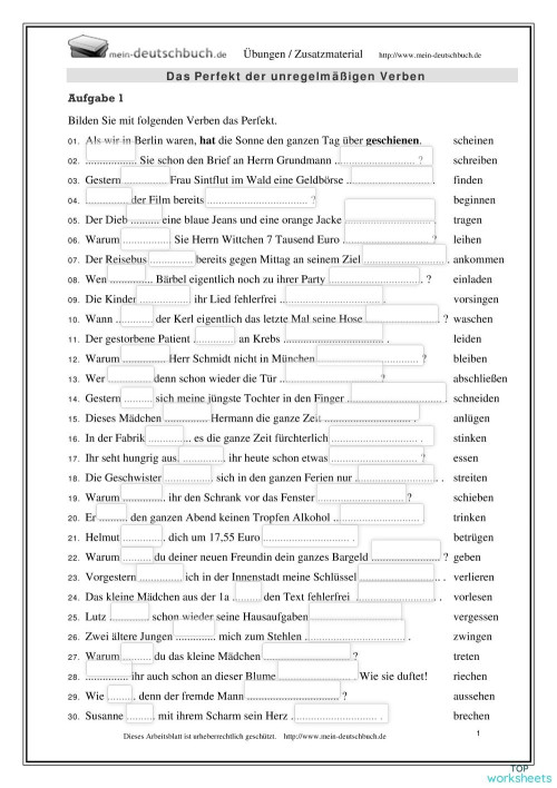 Perfekt 06 Unregelmässige Verben. Interactive worksheet | TopWorksheets