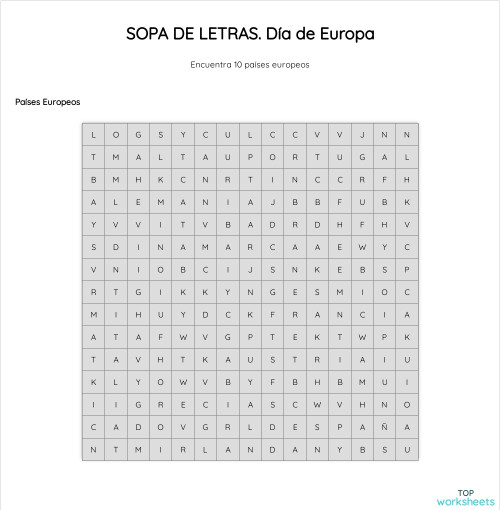 SOPA DE LETRAS. Día de Europa. Ficha interactiva | TopWorksheets