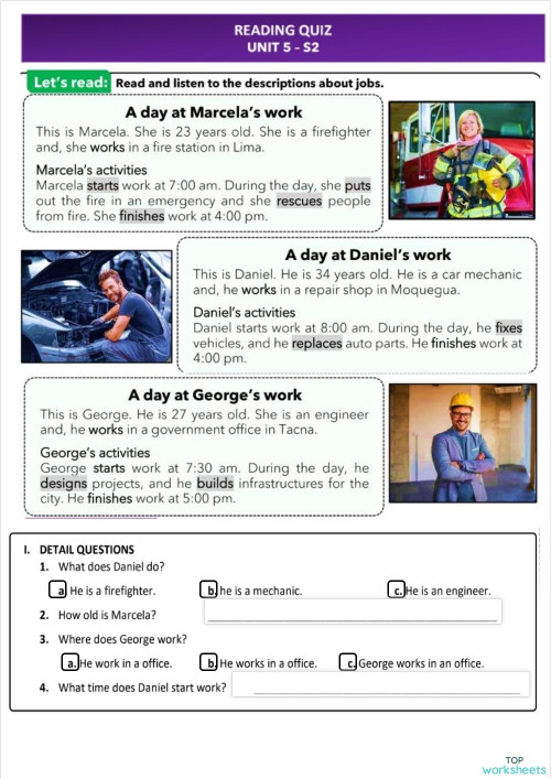 READING QUIZ UNIT 5 SESSION 2 -A1. Interactive worksheet | TopWorksheets