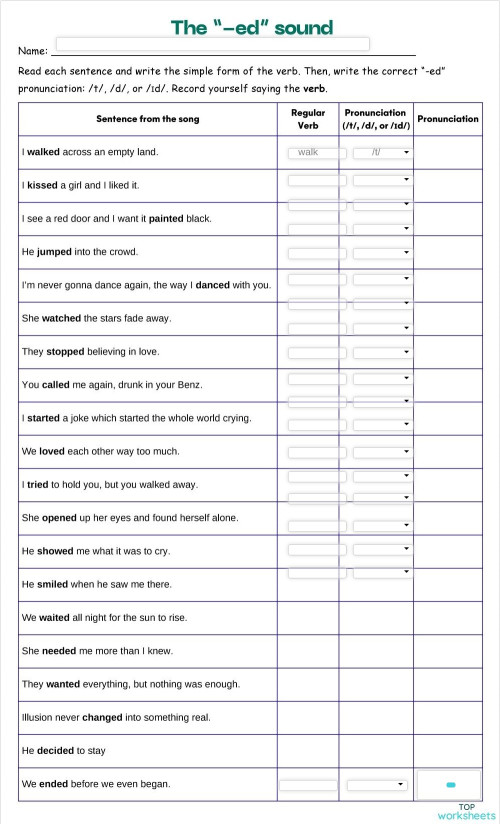 Ed sound in regular verbs in the past. Ficha interactiva | TopWorksheets