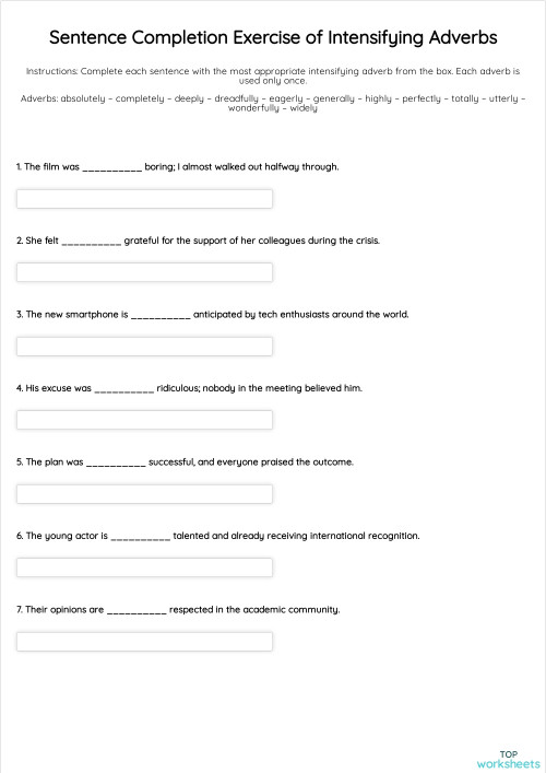 Sentence Completion Exercise of Intensifying Adverbs. Interactive ...