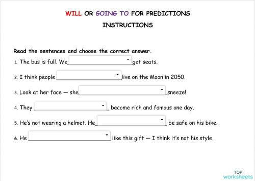 Predictions with will or going to. Interactive worksheet | TopWorksheets