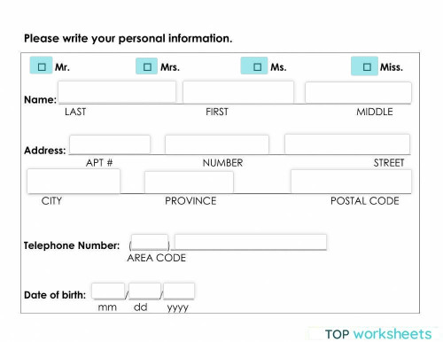 Personal Information form. Interactive worksheet | TopWorksheets
