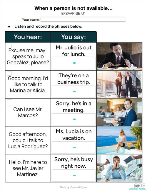 when a person is not available. Interactive worksheet | TopWorksheets