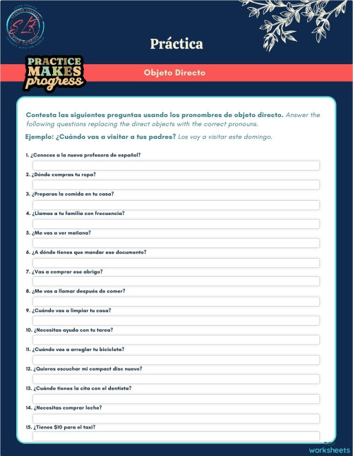 Objeto Directo (Respondiendo Preguntas). Ficha interactiva | TopWorksheets