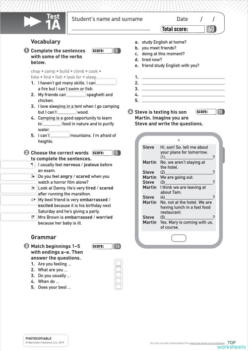 TEST 1A LEVEL A2. Interactive worksheet | TopWorksheets