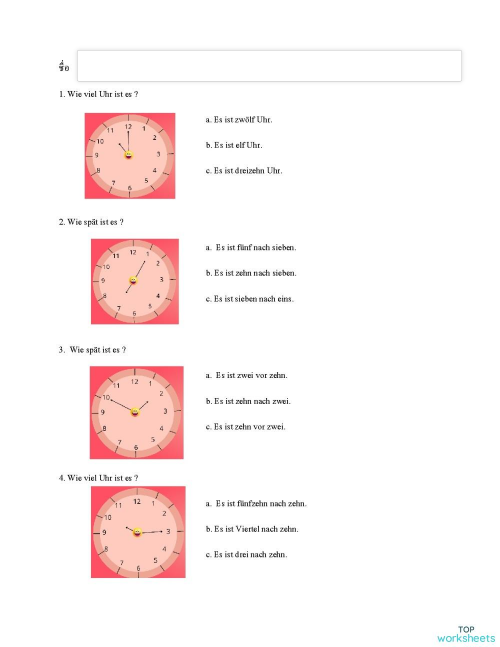 Die Uhrzeit ใบงานเชิงโต้ตอบ | TopWorksheets
