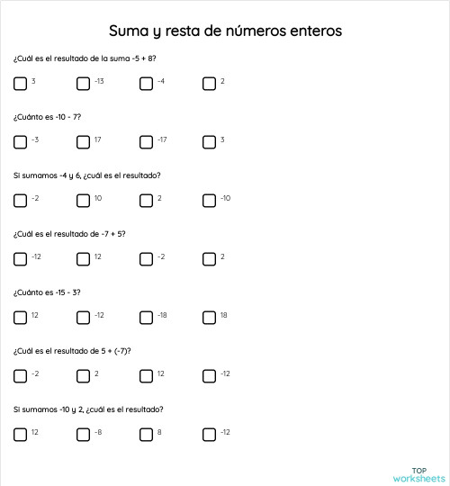 Suma Y Resta De Números Enteros Ficha Interactiva Topworksheets