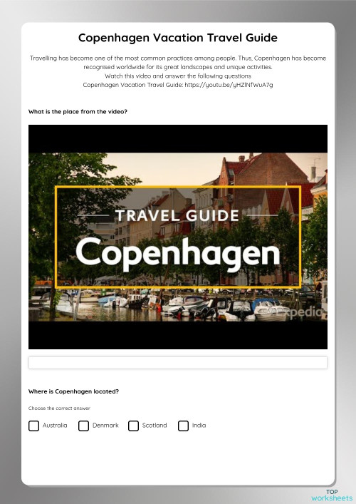 Copenhagen Vacation Travel Guide. Interactive worksheet | TopWorksheets