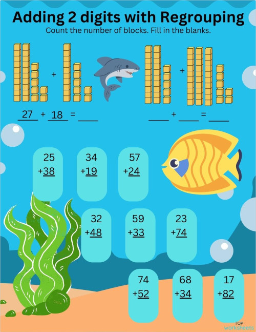 Adding 2 digits With Regrouping. Interactive worksheet | TopWorksheets