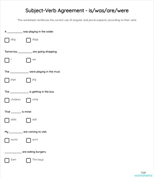 Subject-Verb Agreement - is/was/are/were. Interactive worksheet ...