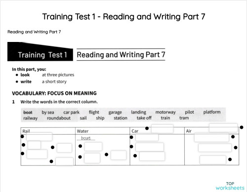 Training Test 1 - Reading and Writing Part 7. Interactive worksheet ...