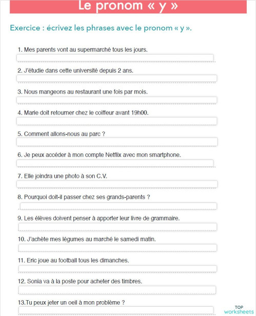 Le pronom " Y ". Fiche interactive | TopWorksheets