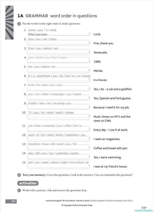 1A Grammar word order in questions. Interactive worksheet | TopWorksheets