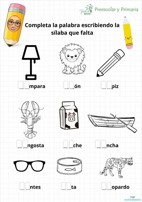 Completa la palabra según su silaba. Ficha interactiva | TopWorksheets