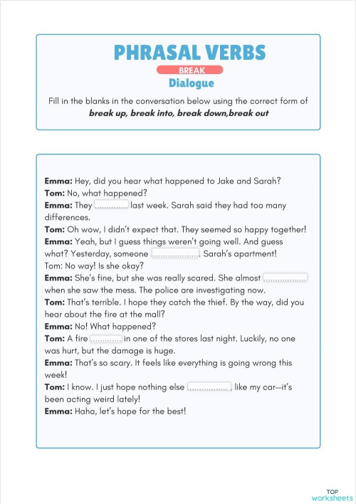Phrasal Verb BREAK (Fill in the gaps/Dialogue). Interactive worksheet ...