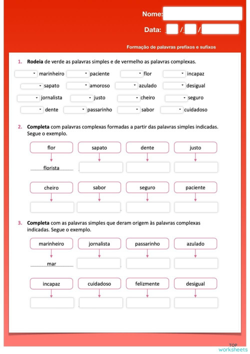 Formação de palavras prefixos e sufixos. Scheda interattiva | TopWorksheets
