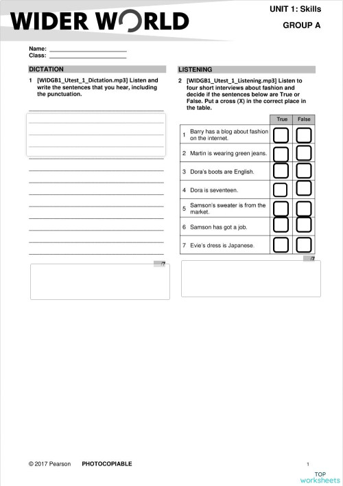 Wider world 1 Skills test 1A. Interactive worksheet | TopWorksheets
