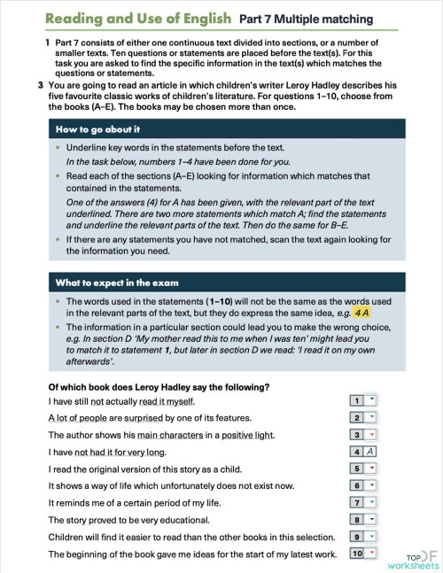 FIRST B2 - READING PART 7. Interactive worksheet | TopWorksheets