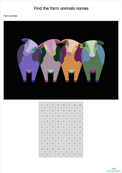 Find the farm animals names. Interactive worksheet | TopWorksheets