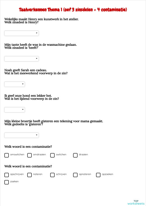 Taalverkennen Thema 1 (oef 3 zinsdelen + 4 contaminatie). Interactive ...