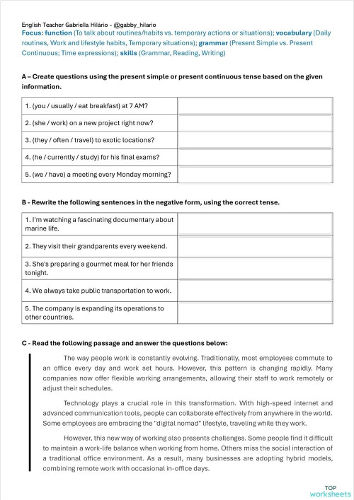 Grammar - Present Simples Vs Present Continuous A2. Interactive ...