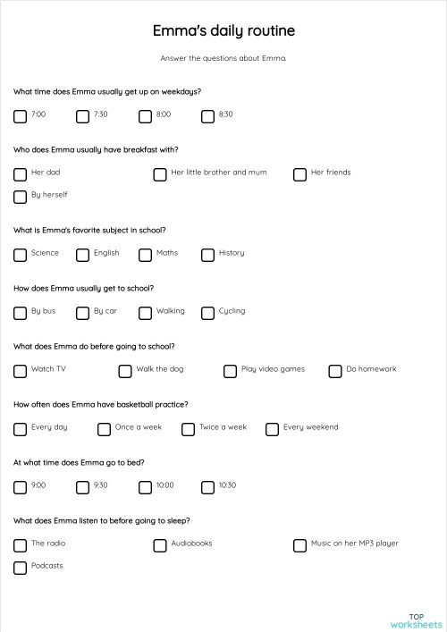 Emma's daily routine. Interactive worksheet | TopWorksheets