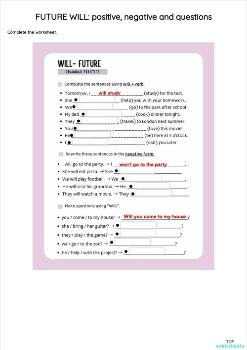FUTURE WILL: positive, negative and questions. Interactive worksheet | TopWorksheets