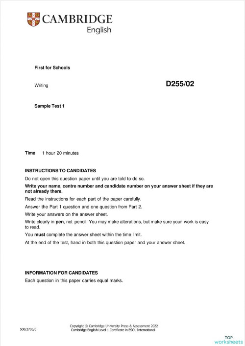Movers - Reading and Writing - Sample Test 1. Interactive worksheet ...