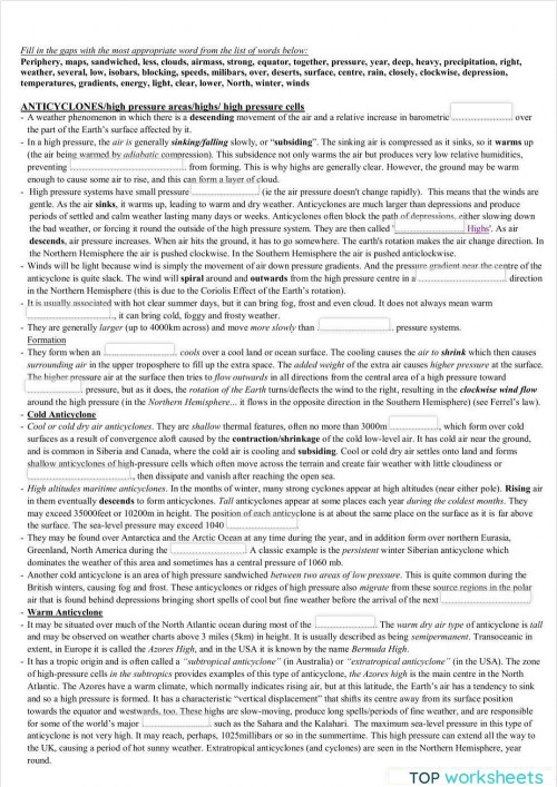 Reading Task: Anticyclones- Cyclones (Test II). Interactive worksheet ...