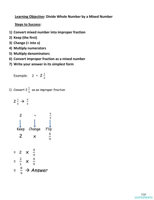 Year 6 - Divide whole number by a mixed number. Interactive worksheet ...