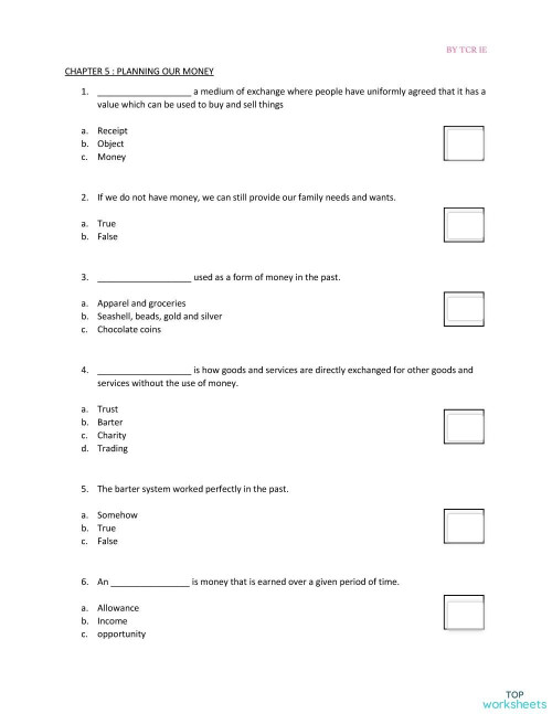 CHAPTER 5 : PLANNING OUR MONEY. Interactive worksheet | TopWorksheets