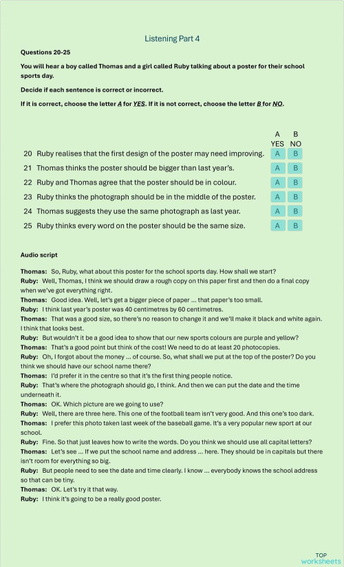 PET listening: interactive worksheets and online exercises | TopWorksheets