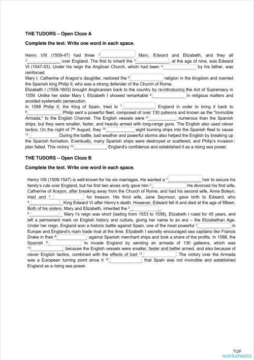 THE TUDORS - Open Clozes. Interactive worksheet | TopWorksheets