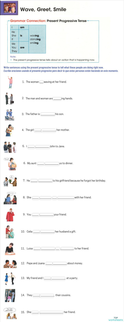 Wave, Greet, Smile Present Progressive Sentences A. Interactive ...