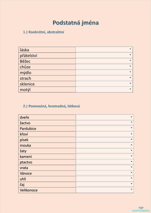 Čeština: interaktivní pracovní listy a online cvičení | TopWorksheets
