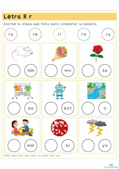 Hoja de trabajo Letra R Preescolar Colores Amarillo. Ficha interactiva ...