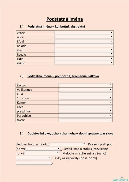 podstatná jména. Interaktivní pracovní list | TopWorksheets
